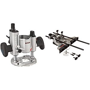 BOSCH MRP01 Router Plunge Base for MR23-Series Routers, Blue&BOSCH RA1054 Deluxe Router Edge Guide with Dust Extraction Hood & Vacuum Hose Adapter, Black