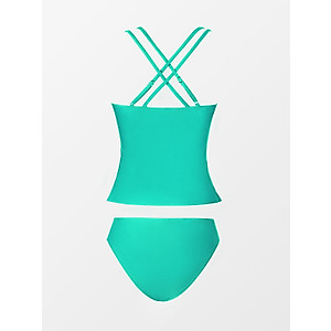 CUPSHE Women's Tankini Sets Two Piece Swimsuit V Neck Crisscross Adjustable Double Straps Ruched Mid Rise, L Turquoise Green