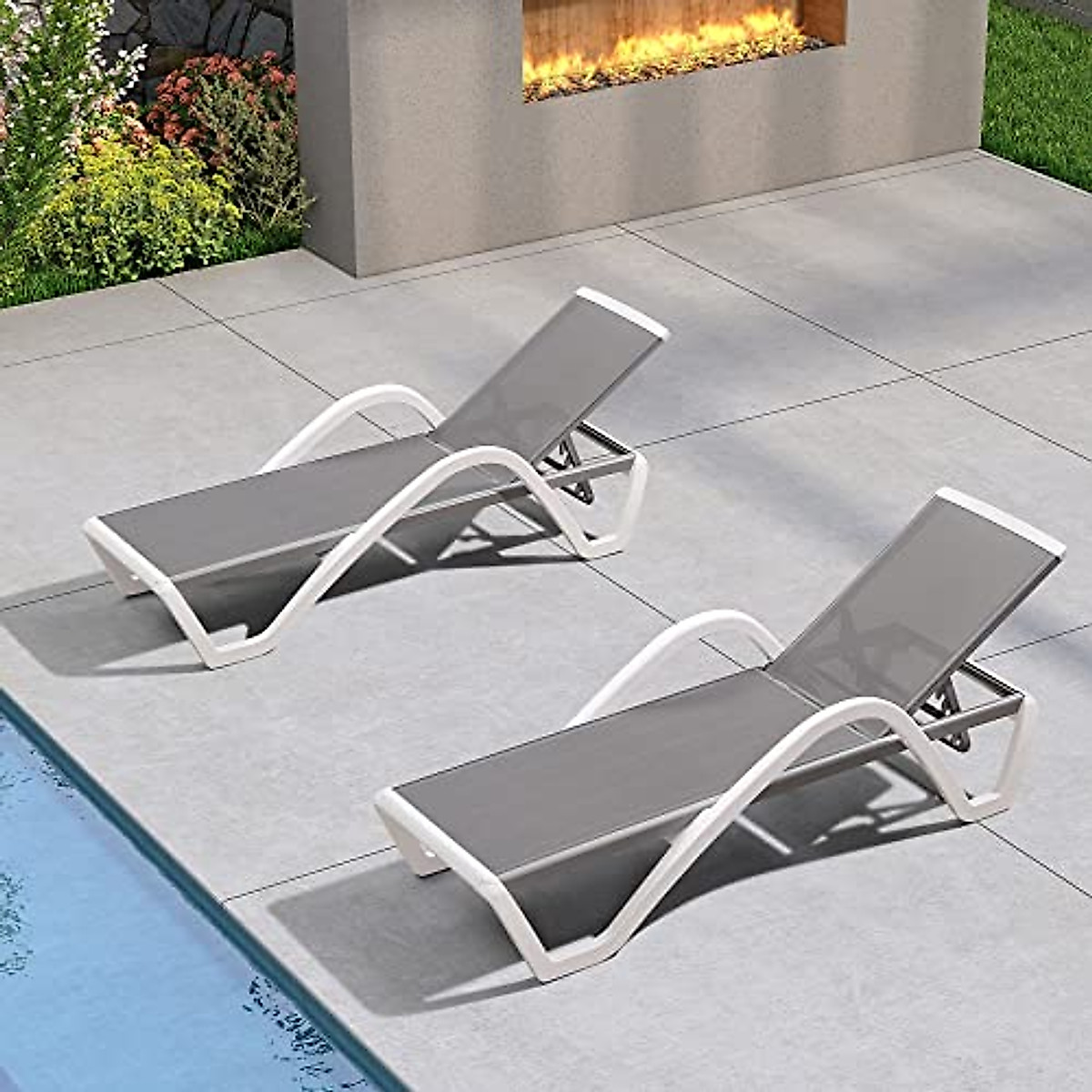 PURPLE LEAF Patio Chaise Lounge Chairs Set of 2 Outdoor Plastic Textilene Lounger 6 Adjustable Positions Sun Bathing Tanning Recliners for Pool Outside Beach in-Pool Lawn Poolside, Grey