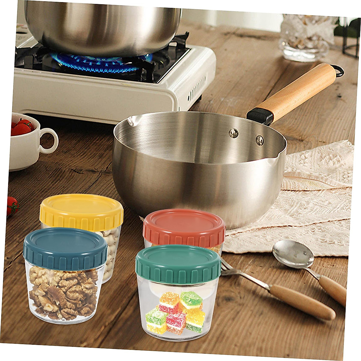 KICHOUSE 4Pcs Leakproof Glass Food Storage Containers with Lids Reusable Yogurt Cups Airtight Glass Jars for Snacks Meal Prep and Kitchen Organization