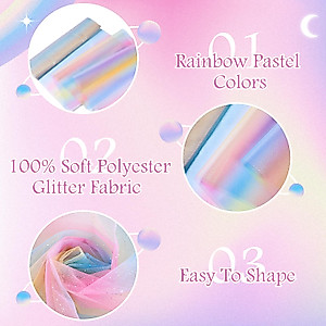 Timgle 10 Yards Rainbow Glitter Tulle 54 in Tulle Fabric Pastel Tulle Mesh Iridescent Girl Fabric for Table Chair Sash Bow Tutu Skirt Sewing Crafting Gift Wrapping Wedding Party Backdrop,30 Ft