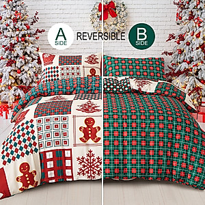 Dobuyly Christmas Duvet Cover Set Twin Cute Christmas Tree Snowflake Bell Pattern Patchwork Bedding Set for Kids Teens Reversible Red Green Plaid Xmas Comforter Cover with 1 Pillowcase