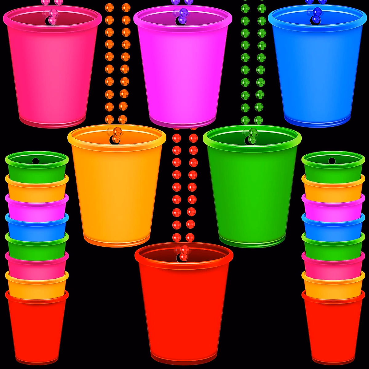 Sureio 12 Pieces Glow in the Dark Necklace Shot Glass Necklaces Glowing Neon Beaded Necklace Light up Cup Shaped for Weddings BBQ Beach Holidays Birthday Bachelorette Neon Party Supplies, 6 Colors