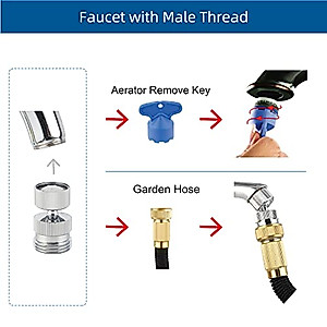 Hibbent Garden Hose Adapter Kit, Sink Swivel Faucet Aerator Adapter to Connect Garden Hose, Multi-Thread Garden Hose with Cache Faucet Aerator Key for Male to Male and Female to Male, Chrome Finish
