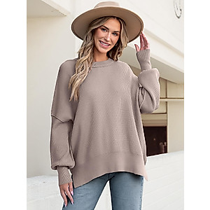 ANRABESS Women Crewneck Batwing Long Sleeve 2024 Fall Oversized Side Slit Ribbed Knit Pullover Sweaters Top Cozy Outfits Pink Apricot Large