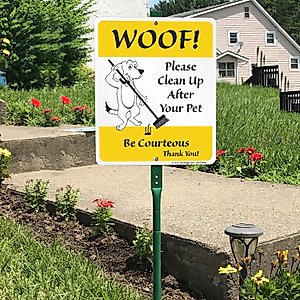 SmartSign 12" x 10" 'Woof Please Clean Up After Your Pet, Be Courteous, Thank You' Lawn Yard Sign with 3 ft Stake, 40 mil Laminated Aluminum, Yellow, Black and White, Set of 1, USA-Made