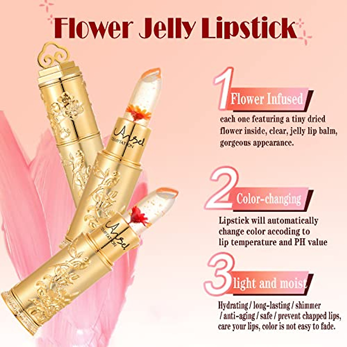 LuckNest Flower Jelly Lipstick Set Temperature Change Moisturizer Long Lasting Nutritious Balm Magic Color Change Lip Gloss (#3)