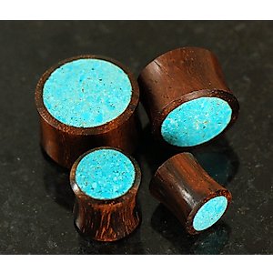 Pair Crushed Turquoise Stone Set in Organic Wood Saddle Ear Plugs - 0G