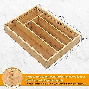 Bamboo Kitchen Drawer Organizer,Silverware Utensil Cutlery Tray, Drawer Divider with 5 Compartments,13.5" x 10" x 2.4"