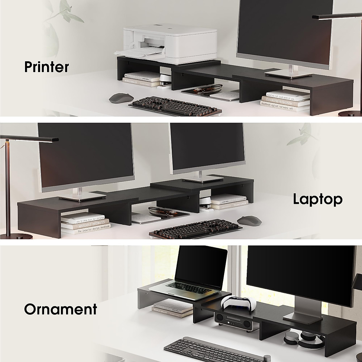 FITUEYES Dual Monitor Stand – 3 Shelf Computer Monitor Riser, Wood Desktop Stand with Adjustable Length and Angle, Desk Accessories, Office Supplies Medium Black,DT108001WB