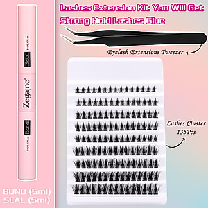 Zegaine Lash Extension Kit Manga Cluster Lashes CC Curl Individual Lashes Kit DIY at Home Natural Eyelash Extension False Eyelashes Kit with Applicator Tool and Lash Bond & Seal Glue 135 Pcs