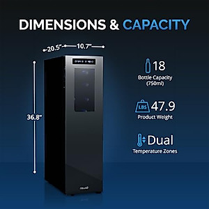 NewAir Shadow-T Series 18 Bottle Thermoelectric Wine Fridge, Dual Temperature Zones, Countertop Wine Refrigerator, Mirrored Compact Wine Cellar, Double-Layer Glass Door Cooler, Vibration-Free