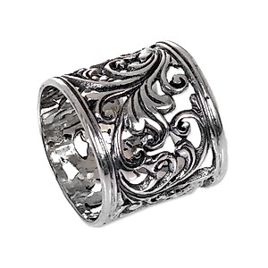 NOVICA Artisan Handcrafted Sterling Silver Band Ring Balinese Women's Wide No Stone Indonesia Leaf Tree Bohemian [band Width 18 mm W] ' Tropical Rain Forest'