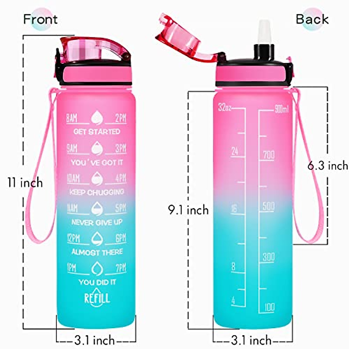 Enerbone 32 oz Water Bottle, Leakproof BPA & Toxic Free, Motivational Water Bottle with Times to Drink and Straw, Fitness Sports Water Bottle with Strap for Office, Gym, Outdoor Sports, Pink-Green