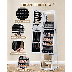 Hzuaneri 16 LEDs Jewelry Cabinet Armoire, 63" H Standing Jewelry Organizer with 360° Rotating Base, Lockable Full-length Mirror, 4-tier Storage Shelves, 4-in-1 design, White JC16003B