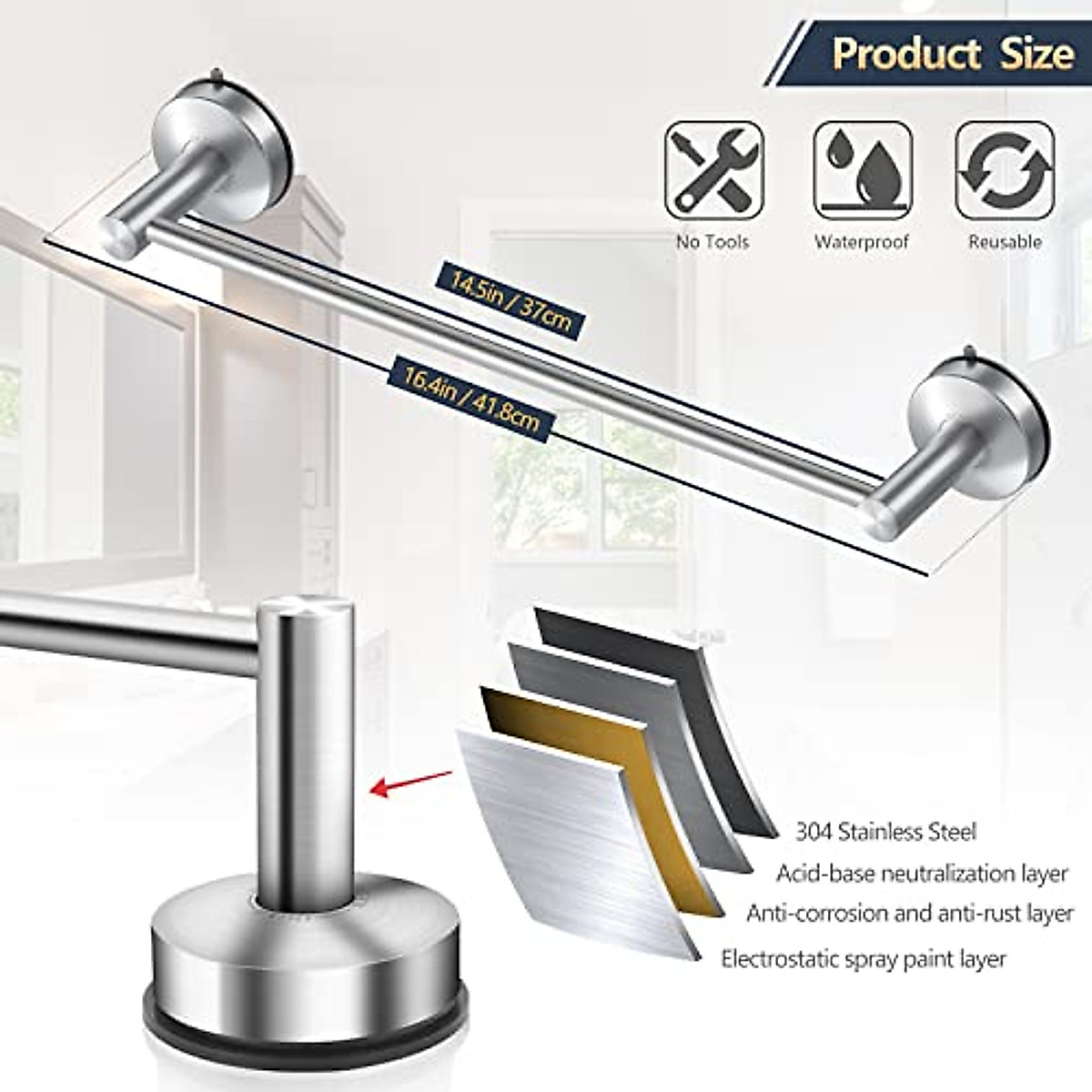 DGYB Suction Cup Towel Bar for Bathroom 17 Inch Brushed Nickel Towel Holder Stainless Steel Premium Kitchen Towel Rack Wall Mounted