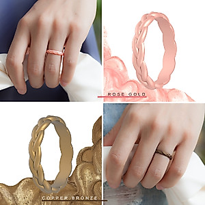 ThunderFit Silicone Wedding Bands for Women, Thin Braided Design 3.3mm Wide 1.8mm Thick - 1/4/7/8 Variety Multipack (Bronze, Black-Gold Glitter, Rose Gold, Gold - Size 7.5-8 (18.2mm))