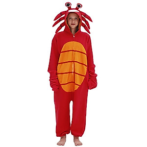 Crab Onesie Adult Red Crab Pajamas Animal Pajamas Halloween Cosplay Costume Polar Fleece Sleepwear Homewear