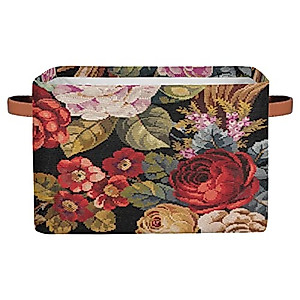 Large Collapsible Storage Bins ,Vintage Painting Roses Decorative Canvas Fabric Storage Boxes Organizer with Handles，Rectangular Baskets Bin for Home Shelves Closet Nursery Gifts