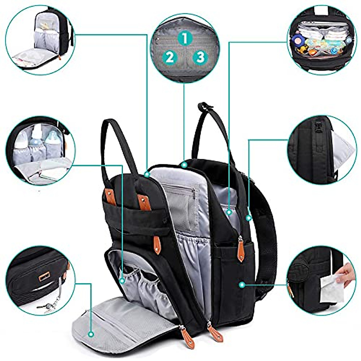 UISKOOPW Diaper Backpack, Baby Nappy Waterproof Changing Bags Travel BackPack with Changing Pad & Stroller Straps (Black)