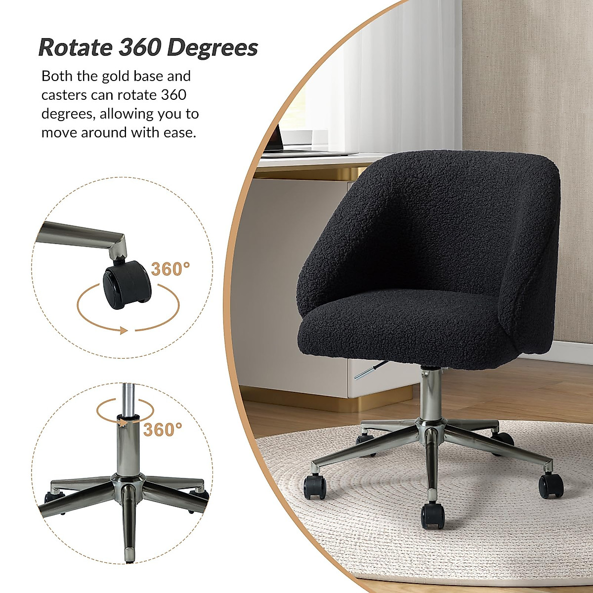 HULALA HOME Sherpa Home Office Desk Chair, Comfy Upholstered Adjustable Height Task Chair, Lamb Fleece Vanity Chair for Bedroom, Study Room, Black