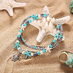 Suyi Sea Turtle Ankle Bracelet Set Multilayer Beach Anklets Handmade Boho Anklets for Women 5pcs