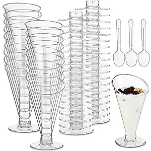 Nuogo 50 Pack Clear Dessert Cups Spoons Mini Dessert Cups Spoons 4oz Plastic Martini Glasses Disposable Dessert Cups Appetizer Cups for Home Gatherings, Events, Parties, Weddings, Serving, Tasting
