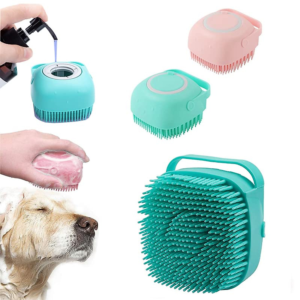 Bath Brush Scrubber Soft Silicone Pet Shower Grooming Shampoo Massage Dispenser For Short Long Haired Dogs And Cats (Blue+Pink)