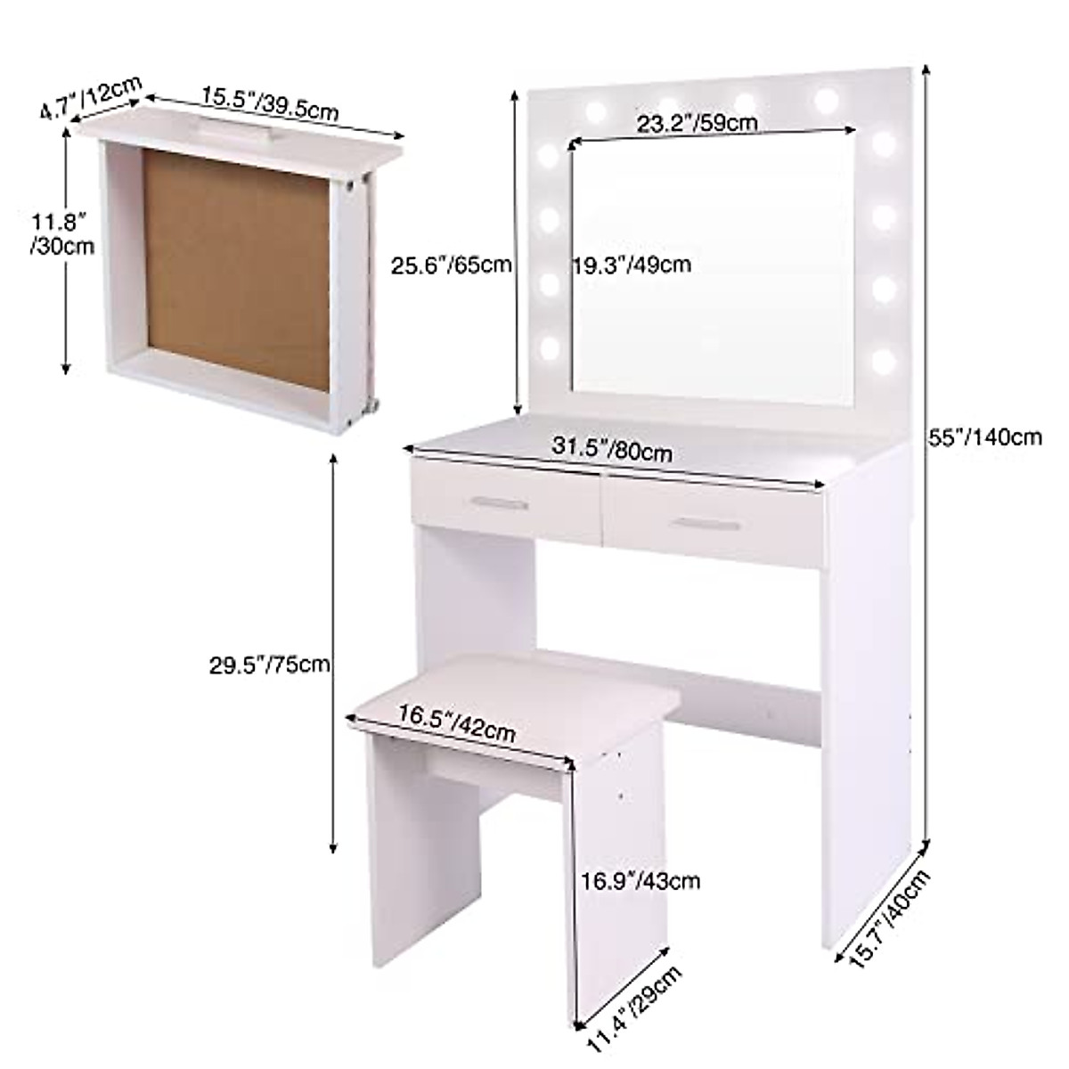 AKVOMBI White Vanity Desk with Lights, 31inch Makeup Vanity with Mirror and 2 Drawers, Vanity Table Set with Cushioned Stool for Bedroom (12 LED Lights)