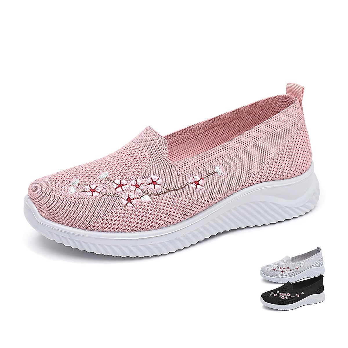 Lymphvity Women's Flower Embroidered Mesh Slip On Walking Shoes Height Fashion Wedge Increasing Loafers Sneakers Non Slip Memory Foam Mom Walking Nurse Shoes (7,Pink)