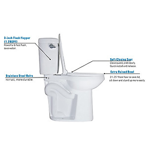 WinZo WZ5888 Elongated Two Piece Toilet with Extra Tall Bowl 21.25” Comfortable 1.28 GPF Side Flush White