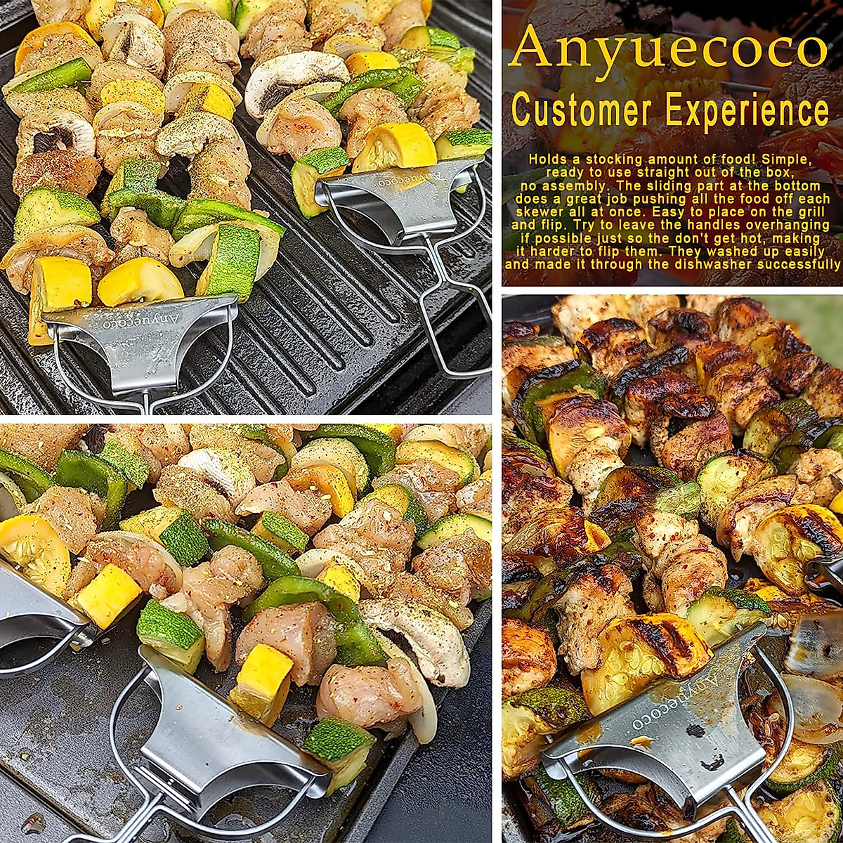 Anyuecoco Skewers for kabobs,2 PCS 14-Inch 3 Way Kabob Skewers for Grilling,Stainless Steel Skewer,With Push Bar Reusable Metal Skewer,Kabob Sticks,Perfect For Meat,Chicken,Sausages,Veggies,shrimp