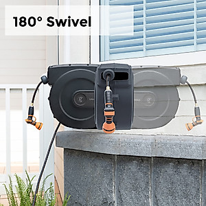 Giraffe Tools AW505/8 Retractable Garden Hose Reel 5/8" x 115+5 ft, Heavy Duty Wall Mounted Water Hose Reel Automatic Rewind, 180 Deg Swivel Bracket, Slow Retraction, 115ft, Dark Grey