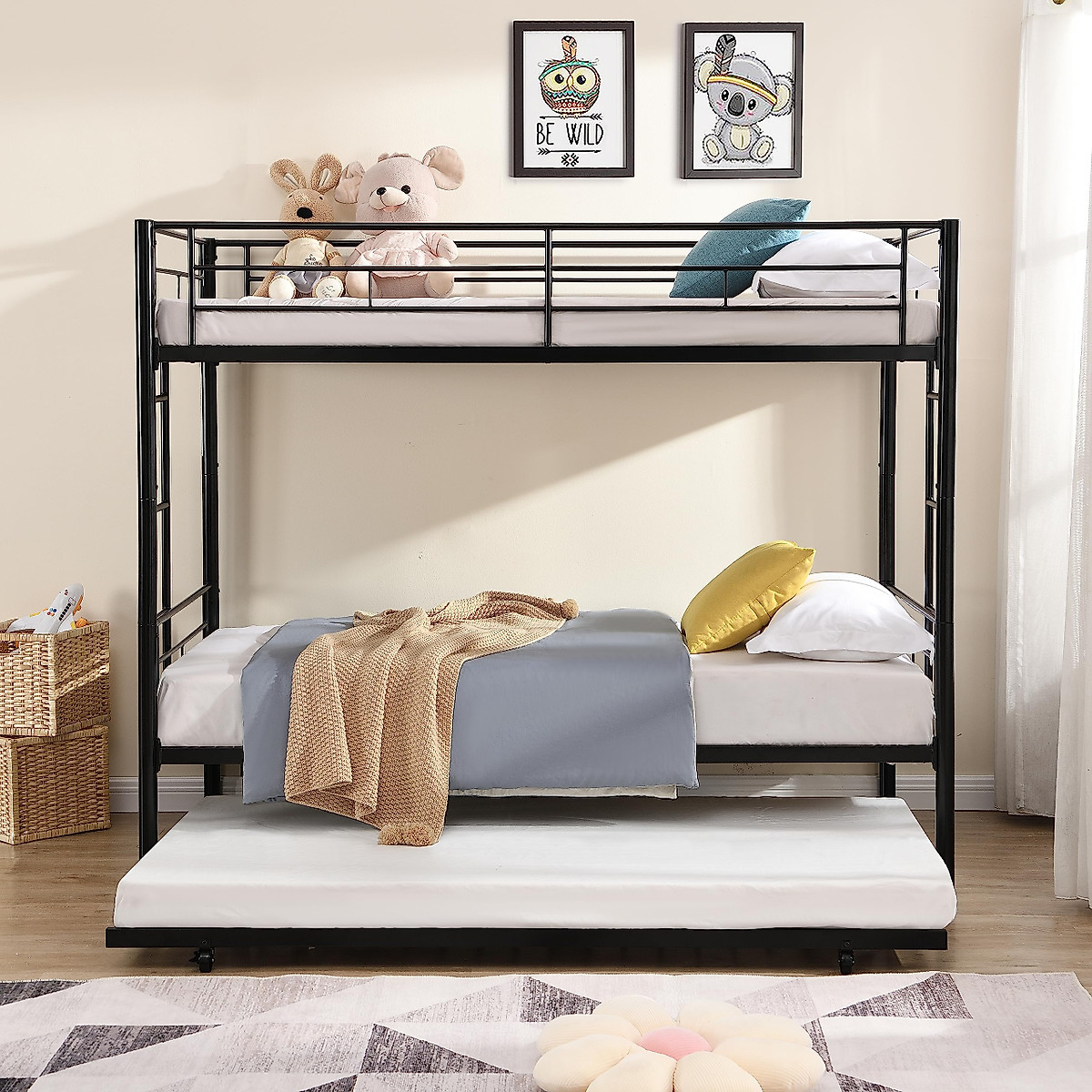 EMKK Twin Over Twin Metal Bunk Bed with Trundle Heavy Duty Bunk Beds Frame with 2 Side Ladders Convertible Bunkbed with Safety Guard Rails,Triple Metal Bunk Bed Frame, No Box Spring Needed