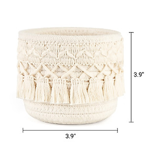 Mkono Macrame Makeup Brush Holder Organizer Comb Brushes Mini Storage Basket Set of 2 Boho Decor Baskets for Pen Pencil Box Container ,Ivory