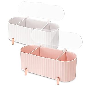 FHDUSRYO 2Pcs Q-tips Holders, White Pink Cotton Swabs Dispensers, 3 Compartments Cotton Ball Storage Box, Cotton Pad Storage Organizer Container with Lid for Bathroom Dresser Home Decor