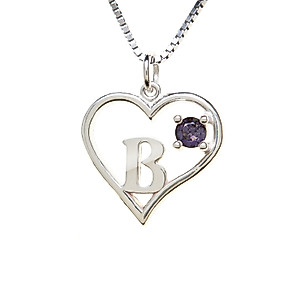 Arbach’s Icy Jewelry - Sterling Silver Box Chain Personalized Birthstone Pendant Statement Necklace - Heart & Letter (B)