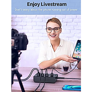 USB Charger Station,Powstick 8 Ports Charging Hub 60W/12A, Included 3 Mixed Cables,Desktop Compact Multi Port USB Charger Compatible Phone, iPad Tablet and Multiple Device(5ft Detachable Cord,Black)