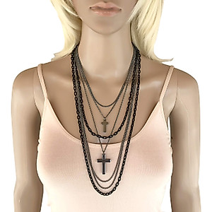 DragonWeave Jewelry Deluxe Gothic Crosses Retro 80 Madonna Multilayer Black & Gunmetal Chain Long Multi Strand Necklace