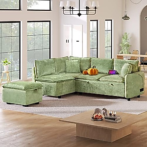 FANYE L-Shaped Convertible Sleeper Sectional Sofa Bed Modern TV Sofa&Couch W/Pull Out Sofabed and Storage Ottoman, 2 Pillows, Power Sockets and USB Charging Ports for Apartment Office Living Room