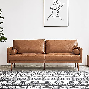 Vonanda Faux Leather Sofa Couch, Mid-Century 73 Inch 3 Seater Leather Couch with Hand-Stitched Comfort Cushion and Bolster Pillows for Living Room,Elegant Cognac Tan