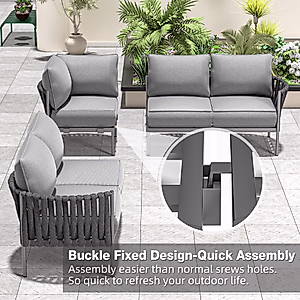 COMLAX FIELD Outdoor Patio Furniture, 6 Pieces Outdoor Sectional L-Shaped Sofa Patio Conversation Sets, Patio Furniture Set with Thick Cushions and Coffee Table for Garden, Poolside, Backyard, Grey