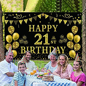 Trgowaul 21st Birthday Decorations for her him, Men Women Black Gold 21st Birthday Backdrop Banner, 21 Years Old Party Supplies Photography Background Girls Boys