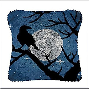 Crow Raven Moon Night Latch Hook Pillowcase Kits for Adults and Starter DIY Cushion Throw Pillow Cross Stitch Latch Hook Rug Kits with Preprinted Canvas Crochet Yarn Kits Needlework Crafts 17'' X 17''