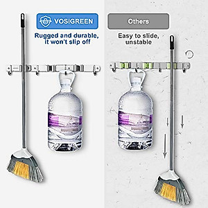 VOSIGREEN Broom & Mop Holder, Wall Mount Organizer Hanger for Rakes, Utensils, Tools - 3 Racks, 4 Hooks - 17” Self Adhesive or Drillable Installation - For Kitchen, Garage, Garden, Office, Closet