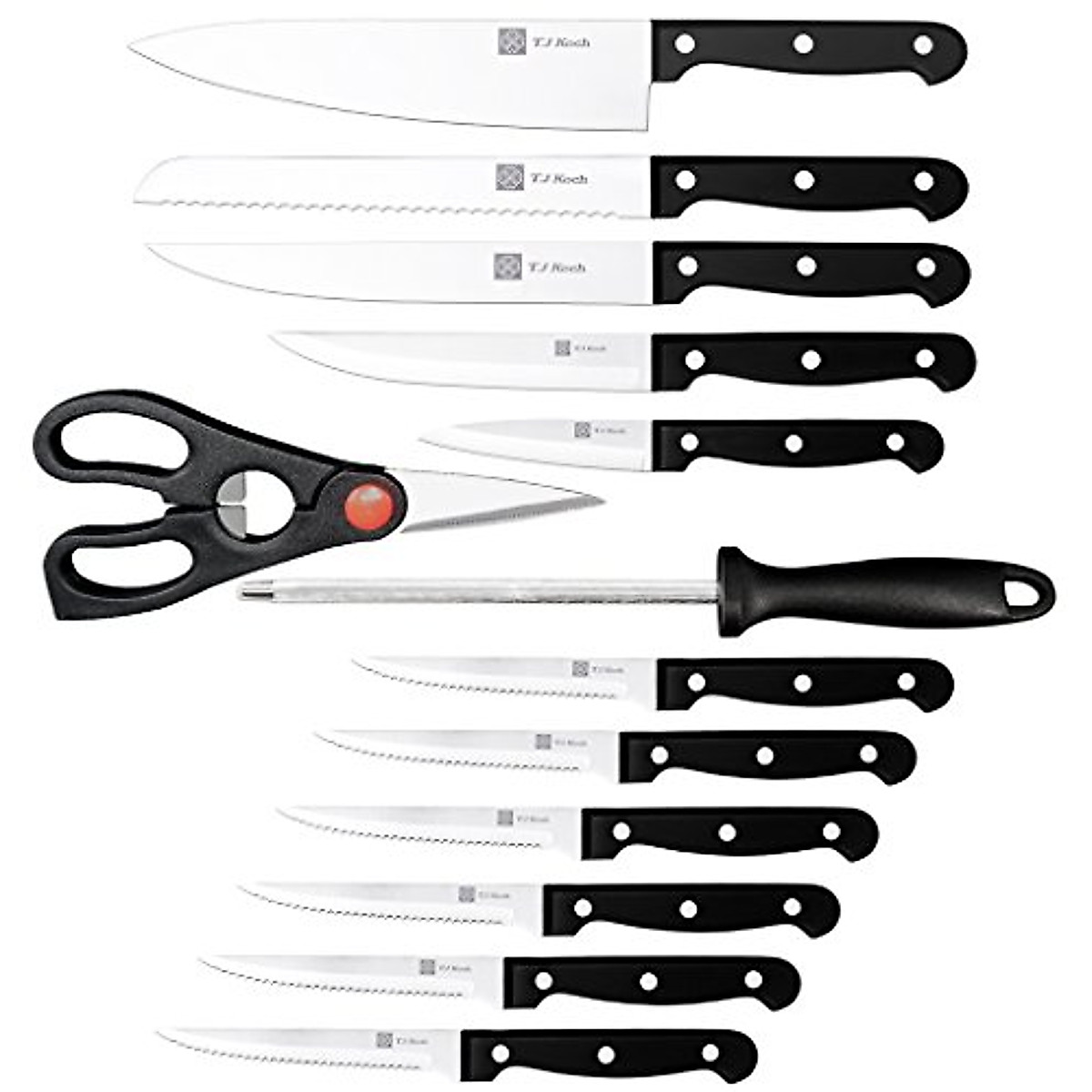 T.J Koch Knife Set 15 Pcs with Block Cutting Board Kitchen Knives Set 8" Chef Slicing Bread 5" Utility 3½" Paring 4½" Steak Knives x 6 Sharpener Steel