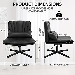 HONIFUR Extra Wide Seat Criss Cross Legged Office Chair with Lumbar Support, Comfy Armless Office Desk Chair No Wheels, Adjustable Swivel Computer Task Chairs for Vanity,Home,Office,Bedroom - Black