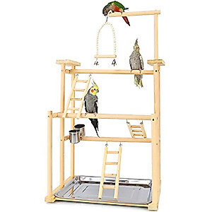 Large Bird Playground Parrot Perch Bird Stands 3 Layers Parrot Playstand Gym Playstand Wood Playpen for Parakeet Lovebirds Conure Cockatiel Cockatoos with Feeder Cups (3 Layers)