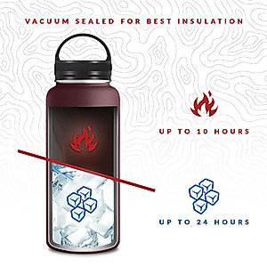 ICEHOLE 32 oz Wide Mouth Water Bottle with Handle Lid - Stainless Steel Double Wall Insulated Water Bottle - Sweat Proof BPA-Free Metal Thermos Bottle for Gym, Sports, Travel (Choclate Maroon)