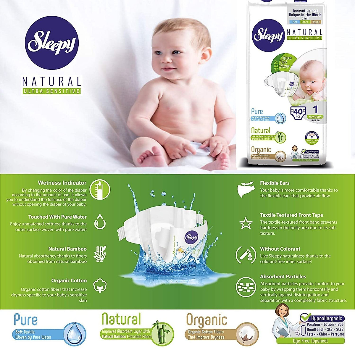 SOHO | Sleepy Natural Baby Diapers, Made from Organic Cotton and Bamboo Extract, Ultimate Comfort and Dryness, Disposable Diapers (Size 7 | 16 Count | Child Weight 44-66 lbs)